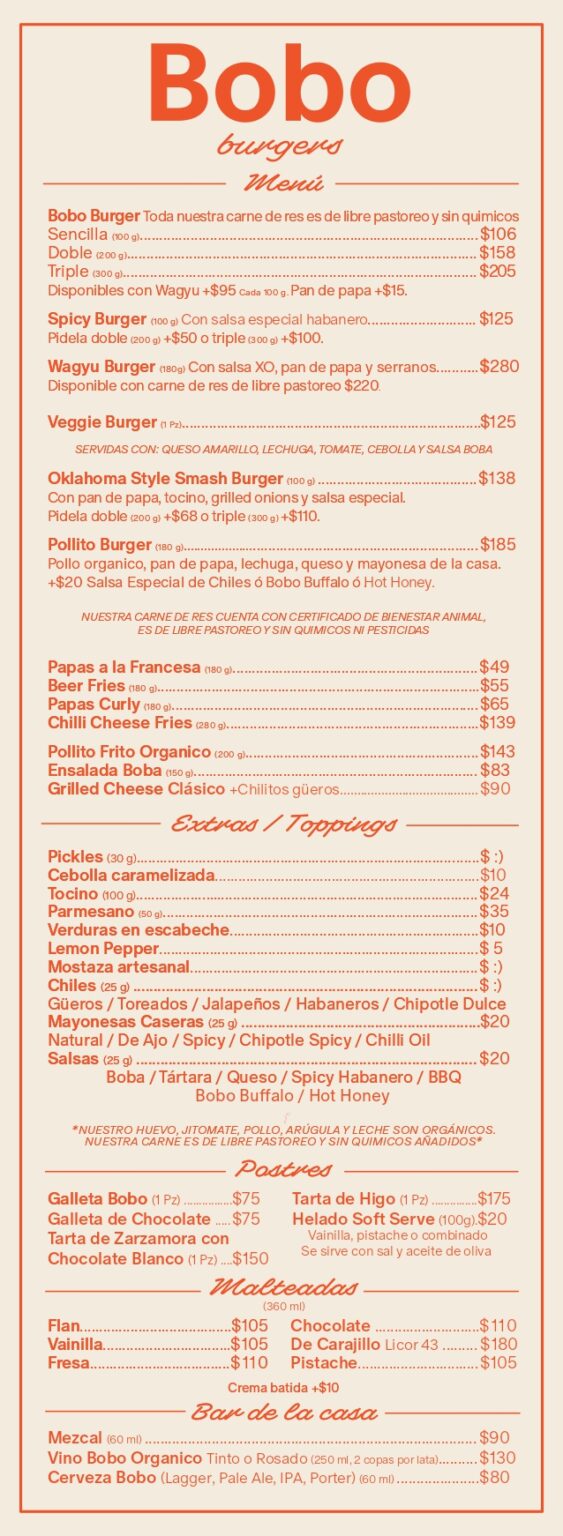 Menú Bobo Burgers – Bobo